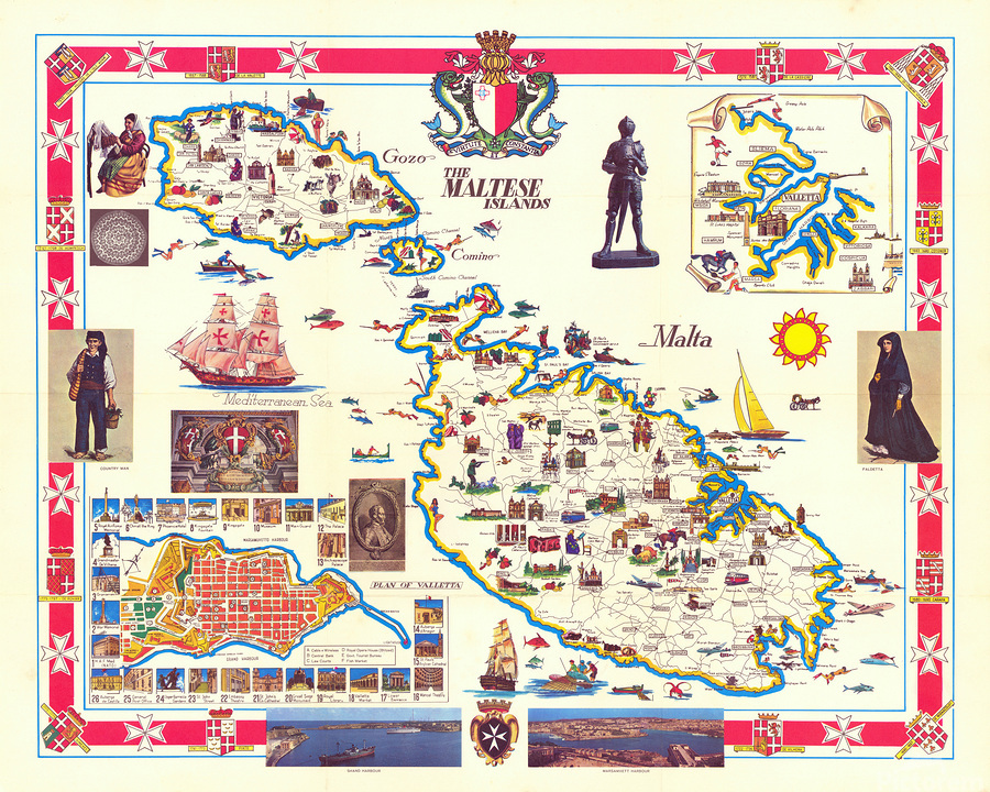 Pictorial Map of Malta Featuring Illustrations of Valletta Coastal ...