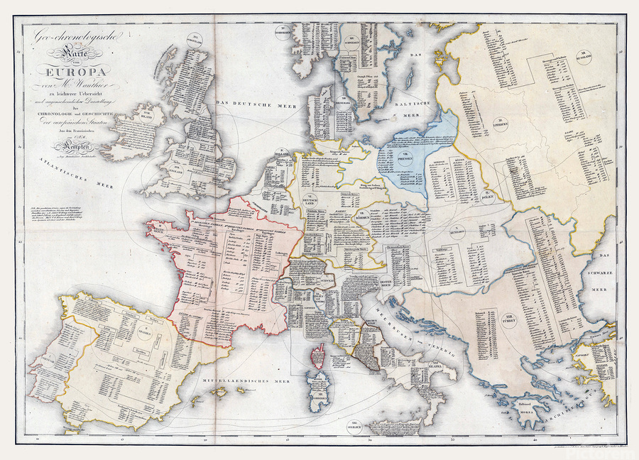 1829 European Dynasty Map Illustrating Royal Families Political ...