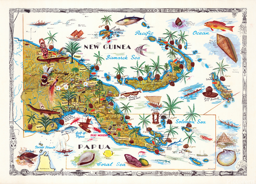 1964 Pictorial Map of Papua New Guinea Illustrating Geography Local ...