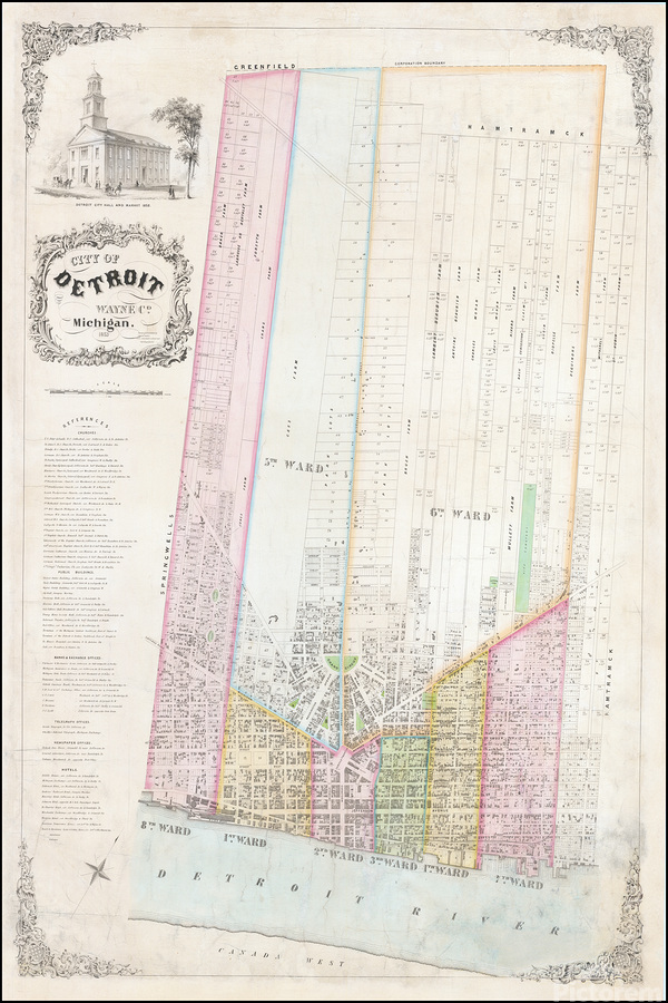 1853 Map of Detroit Michigan Showing Streets Railroads and City ...