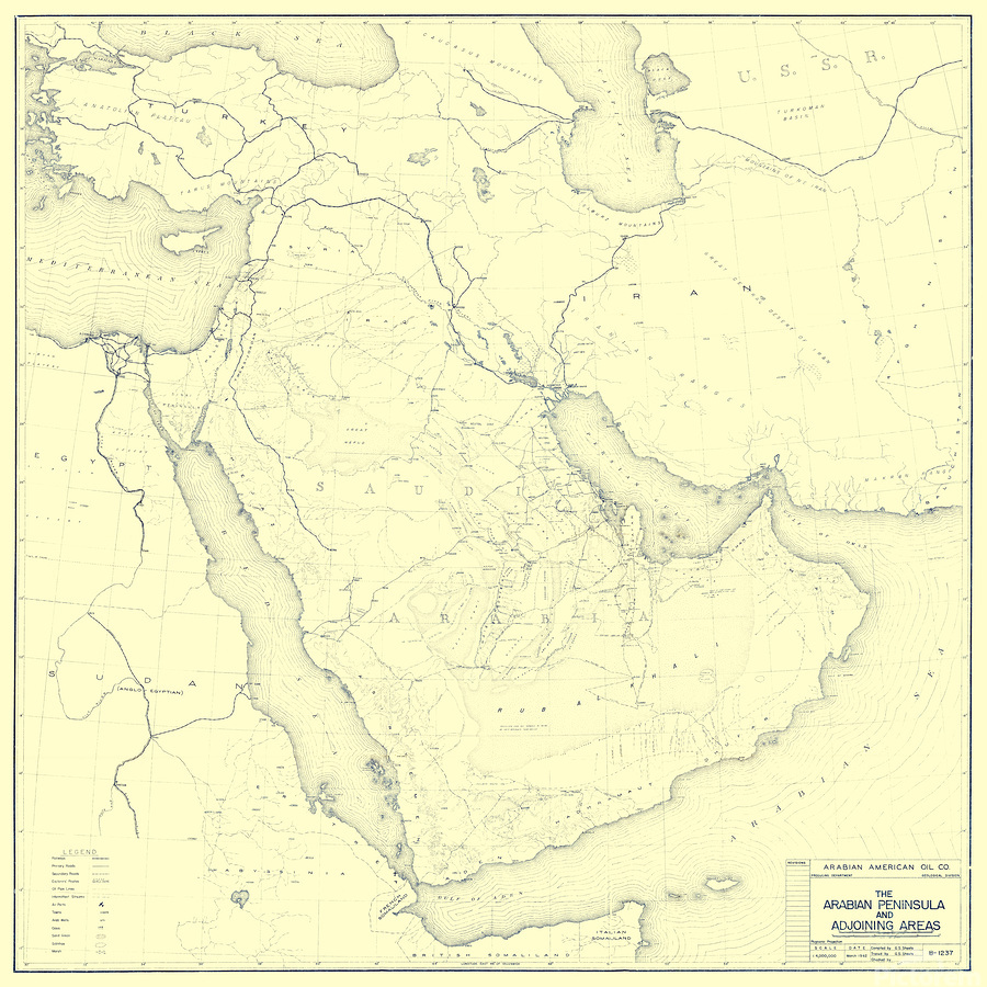 1942 Earliest Aramco Oil Map of Saudi Arabia Depicting Oil Fields ...