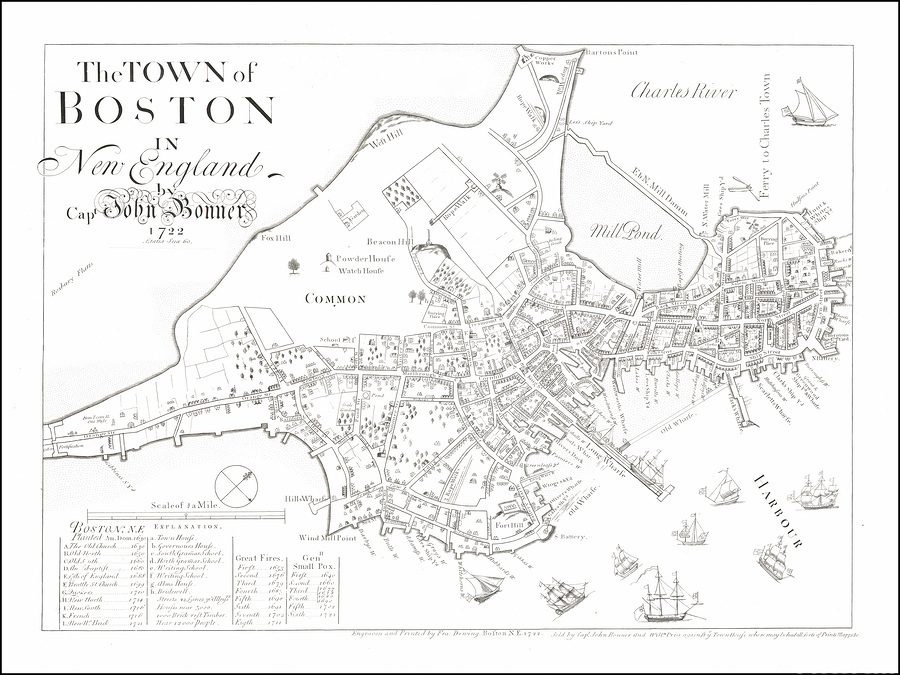 1722 John Bonner Map of Boston Massachusetts by History In Your Home ...