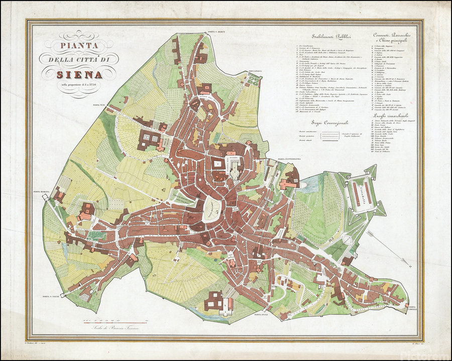 1862 Map of Siena in Tuscany Italy Showing Medieval Streets Churches ...