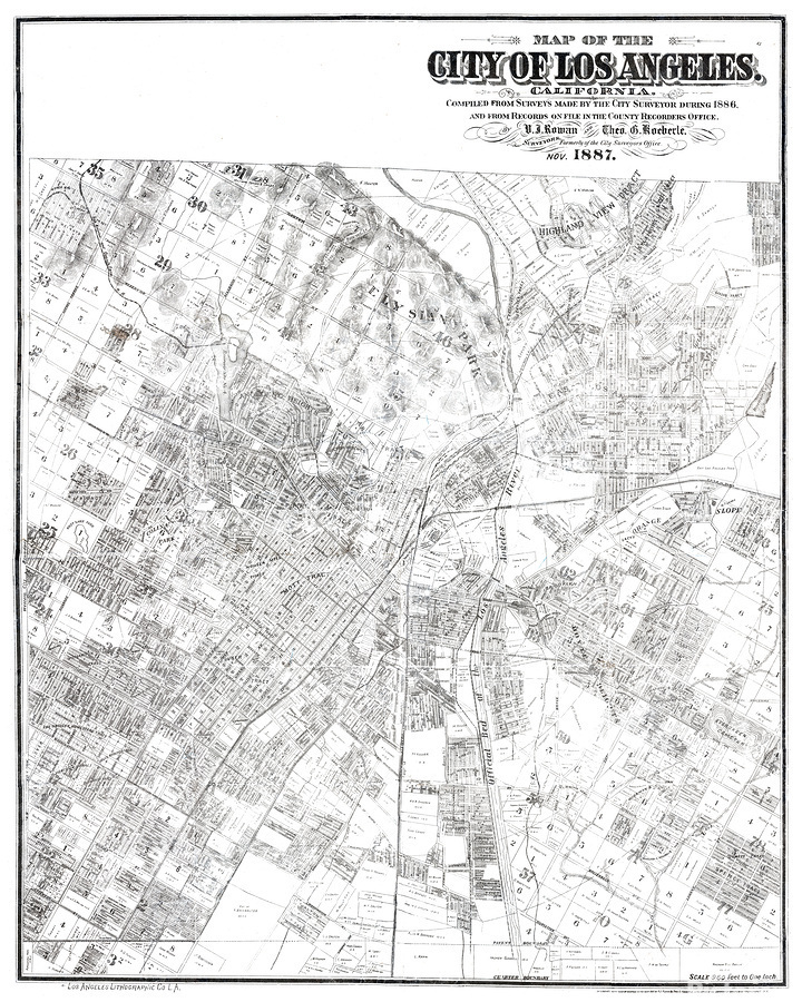 1887 Map of Los Angeles California Showing the Early Layout of the City ...