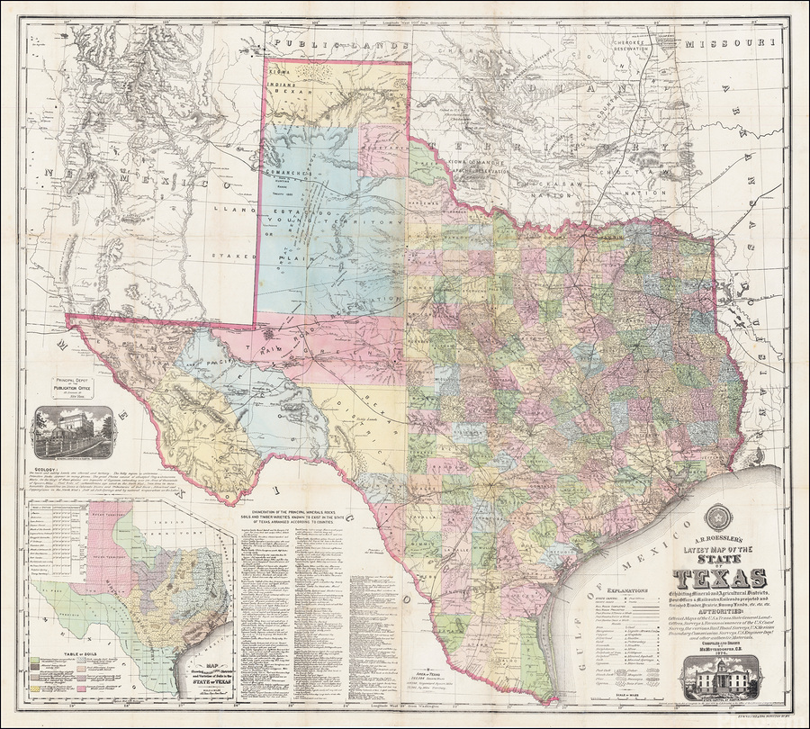 1874 Geological Map of Texas – Reconstruction-Era Survey Depicting Rock ...