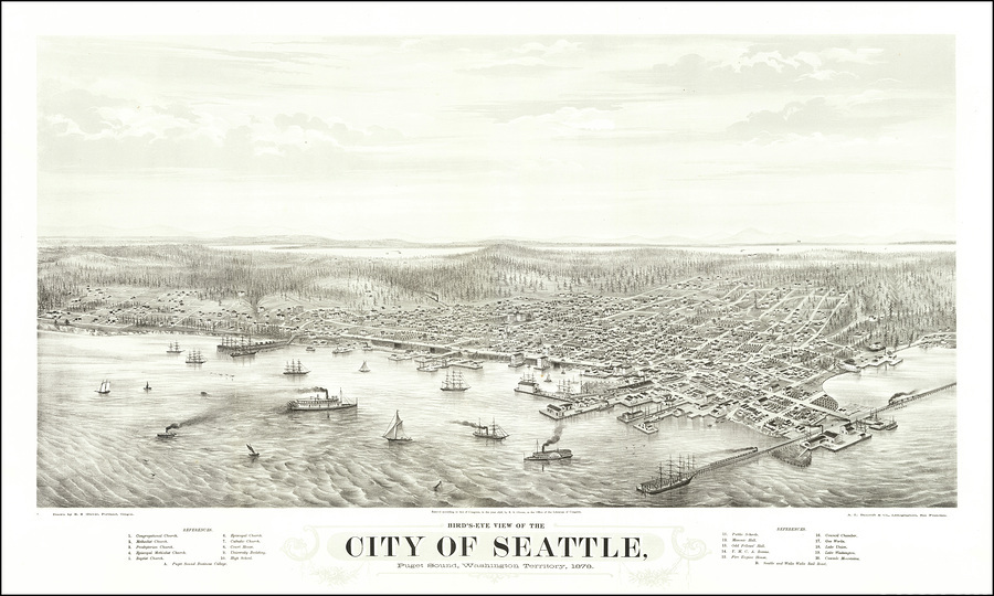 1878 Birds Eye Map of Seattle Kings County Washington by History In ...