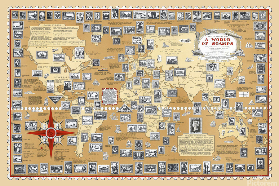Pictorial Postage Stamp Map of the World Featuring International Stamps ...