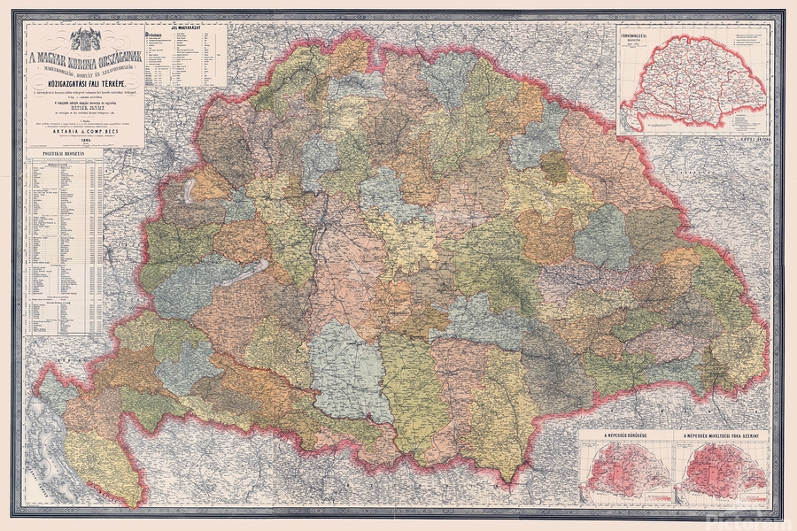 1885 Map of Hungary Showing the Kingdom’s Administrative Divisions Rail ...