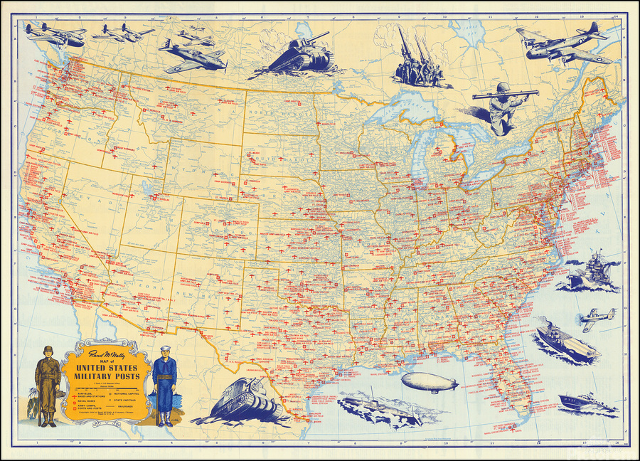 1944 Map of United States Military Posts – World War II-Era Map Showing ...