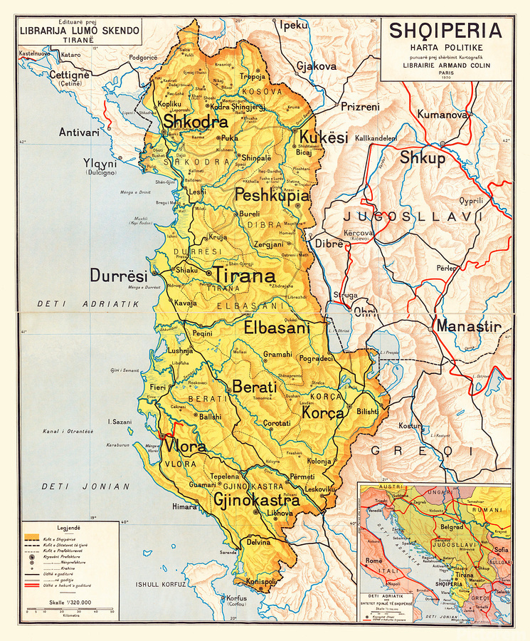 1930 Map of Albania – Historical Balkan Peninsula Chart Depicting National Borders Geographic ...