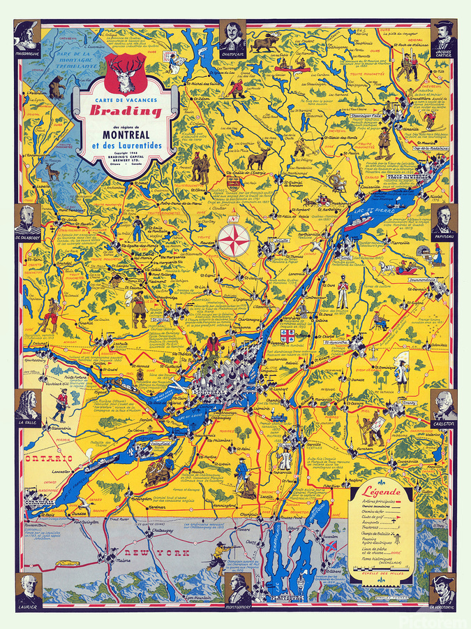 Colorful Mid-20th Century Pictorial Map of the Montreal Region in ...