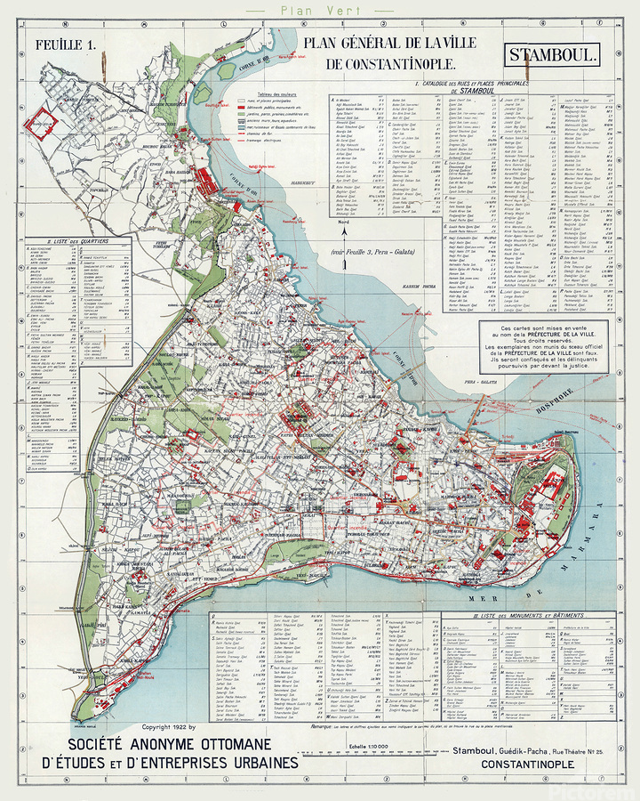 1922 Map of Istanbul Turkey by History In Your Home Wall Art
