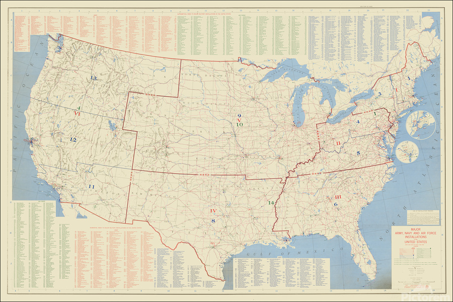 1958 Army Navy and Air Force Military Bases Map of the United States by ...