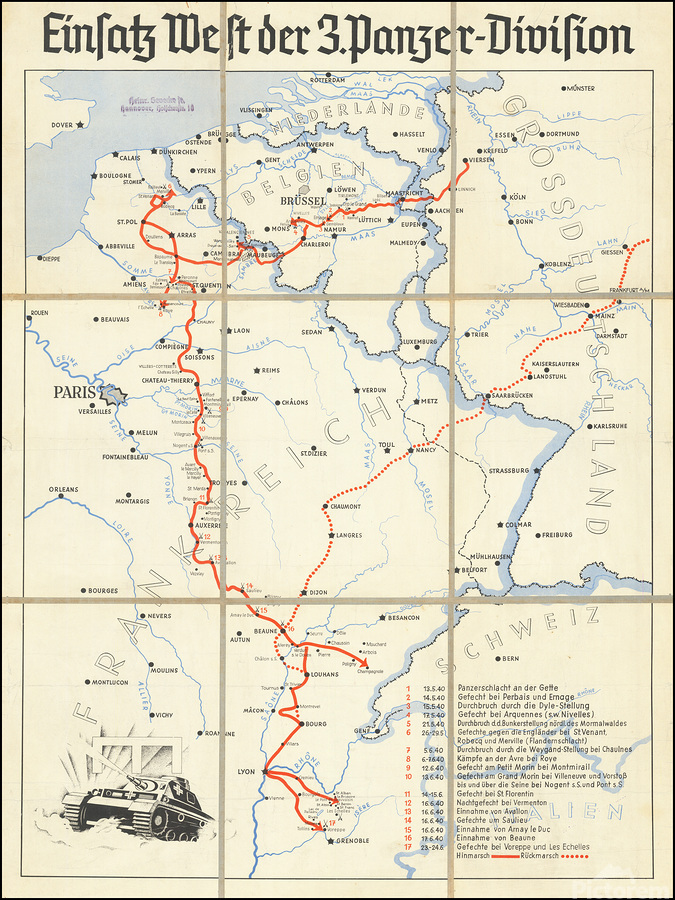 1940 German Military Map of the 3rd Panzer Division Role in the Fall of ...