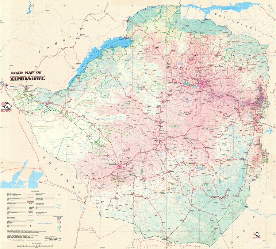 1995 Road Map of Zimbabwe – Post-Colonial Era Highway Map Showing ...