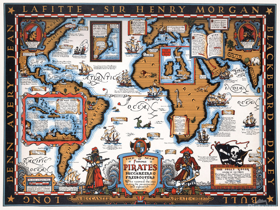 Pictorial World Map of Pirate History Featuring Routes Flags and ...