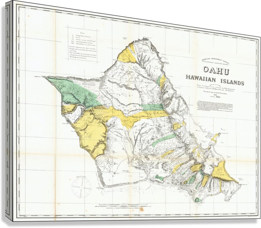 1881 Map of Oahu Hawaii Showing Topography Volcanoes and Native ...