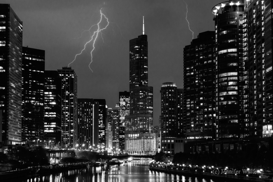 Chicago River Lightning Storm Grayscale by Jennifer White Wall Art