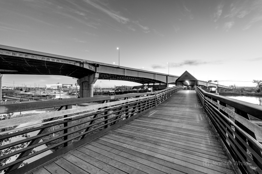 Omaha Riverfront Wood Walkway Sunrise Grayscale by Jennifer White Wall Art