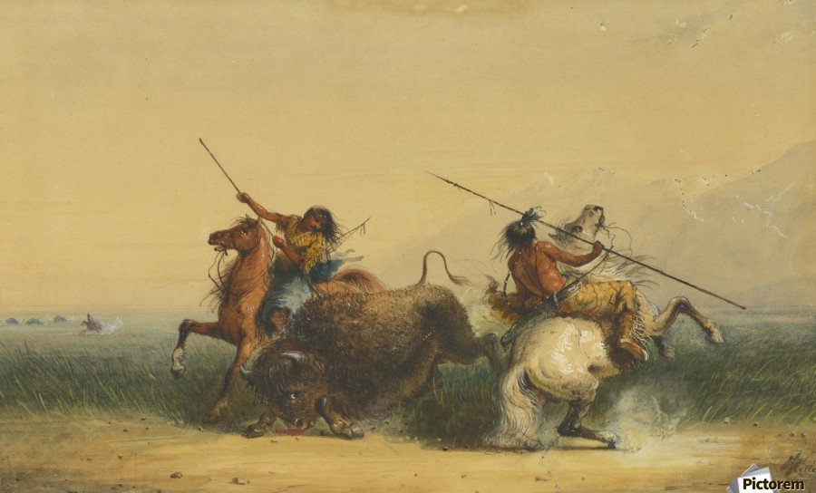Two Indians Killing a Buffalo by Alfred Jacob Miller Wall Art