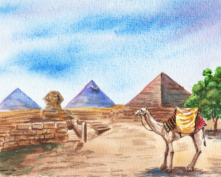 Egypt Giza Pyramids Sphinx Camel Watercolor b by Irina Sztukowski Wall Art