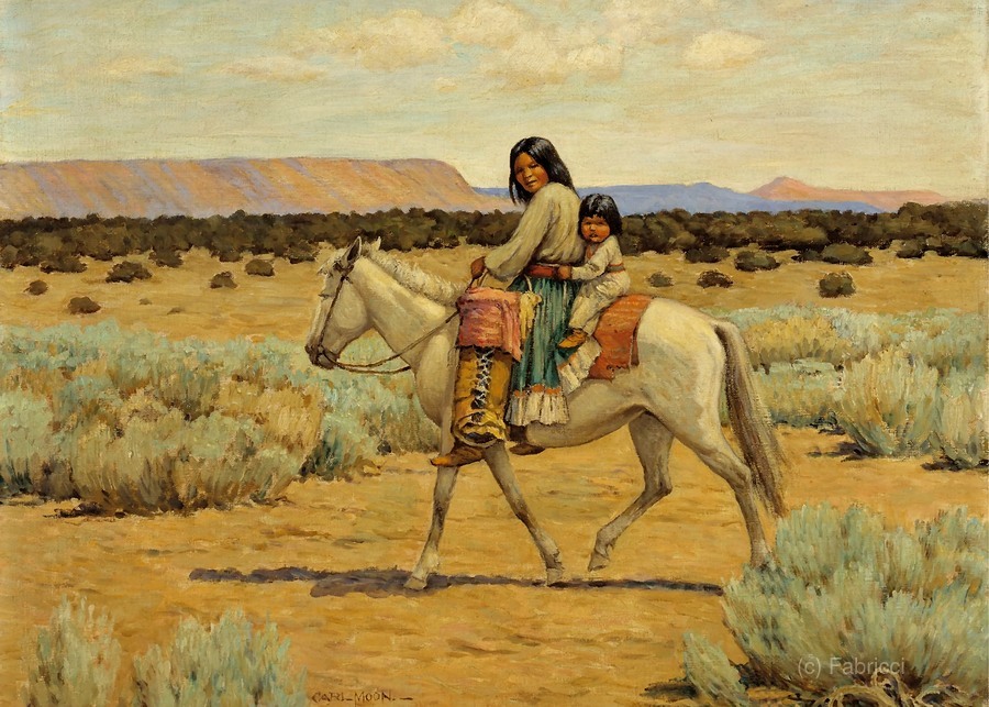 “Apache Mother and Child on Horseback” Vintage Western Art by Carl Moon ...