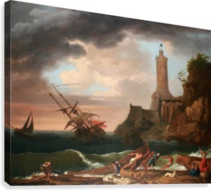 View of a rocky coastline with a Lighthouse and a sinking ship par ...