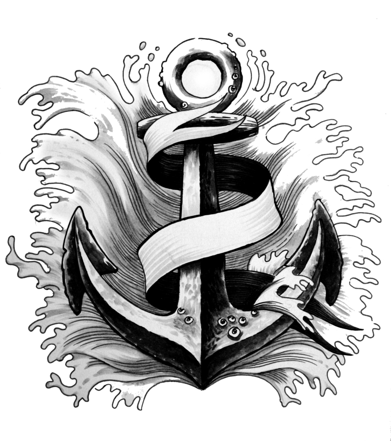 Anchor banner and wave. Ink drawing by Alex Berd Wall Art