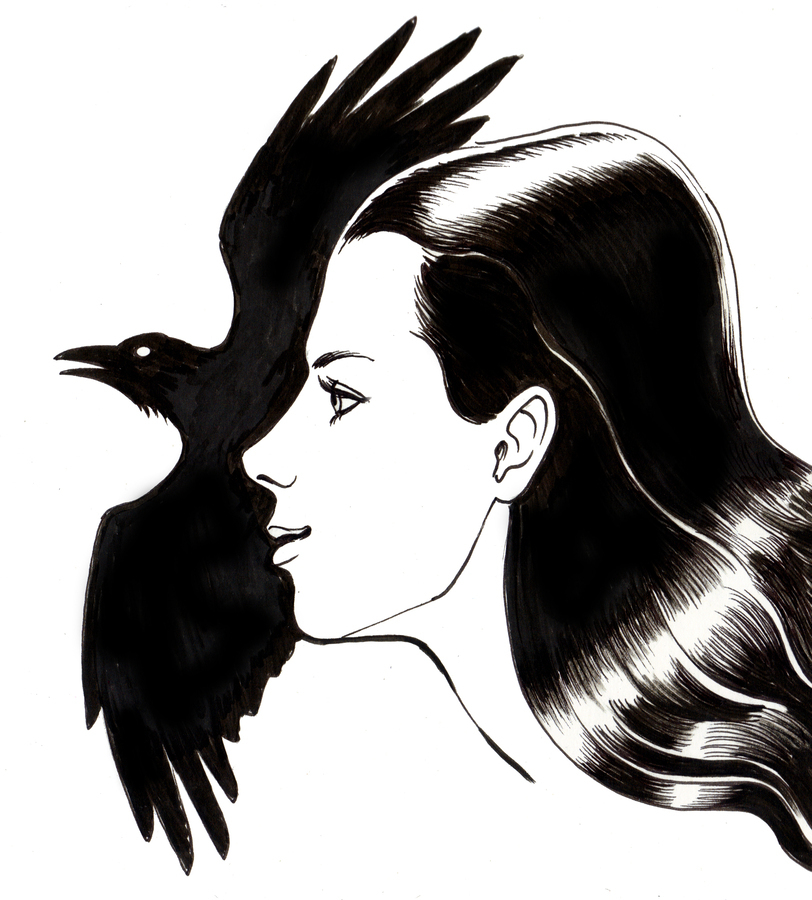 Woman and flying raven. Ink black and white drawing by Alex Berd Wall Art