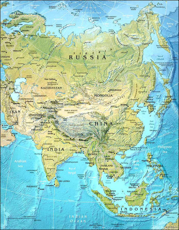 Asia Physical Map by SamKal Wall Art