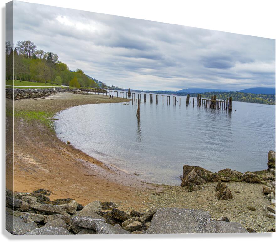 Round inlet and waterfront park with old wooden pier in the wate par ...