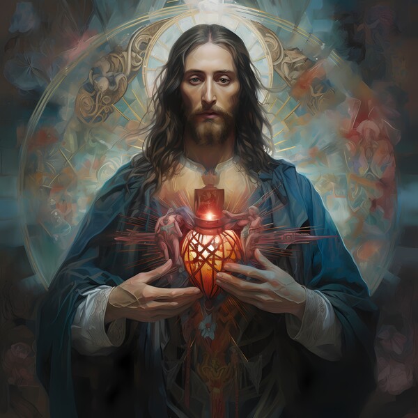 Divine Azure Grace: A Classic Catholic Portrait of the Sacred Heart of ...