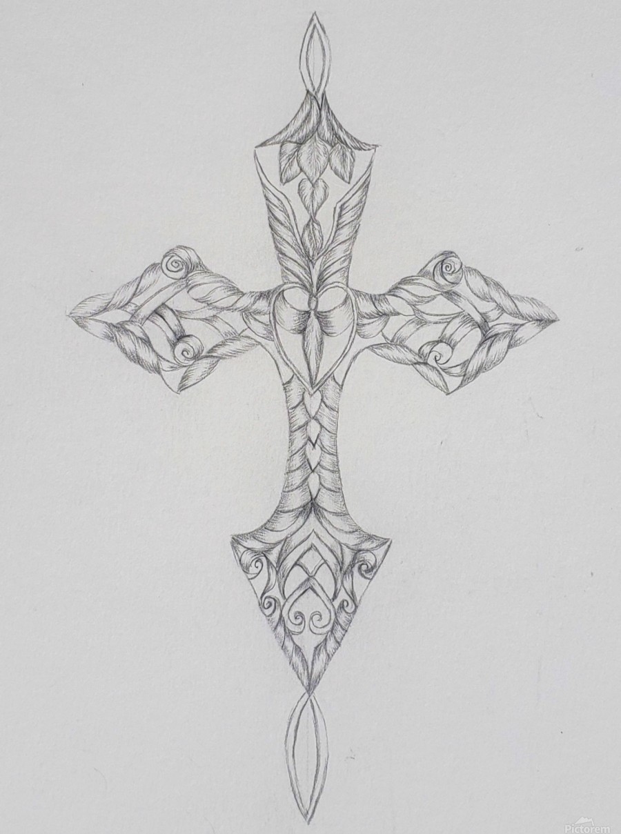 Cross Sketch Heart Center by Norma Roman Creations Wall Art