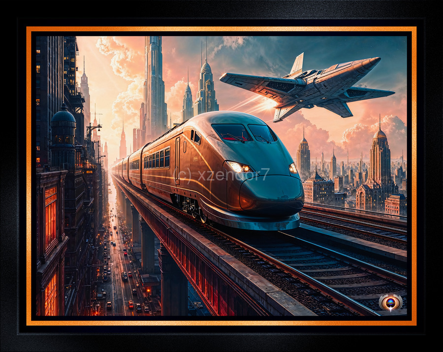 High-Speed Train And Aircraft In A Retro-Futurism Cityscape Awe ...