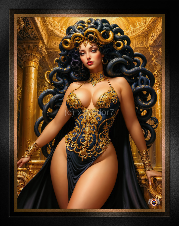 The Medusan Queen in Her Golden Palace Fantasy Art Pin-Up Girl Illustration Mesmerizing AI ...