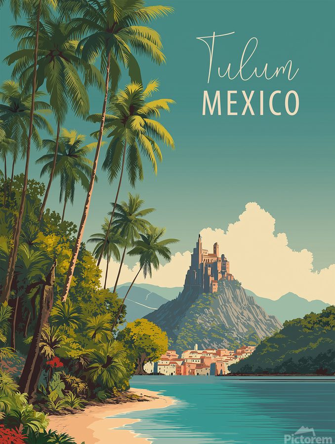Vintage Tulum Mexico Travel Poster | Mayan Ruins & Palm Trees ...