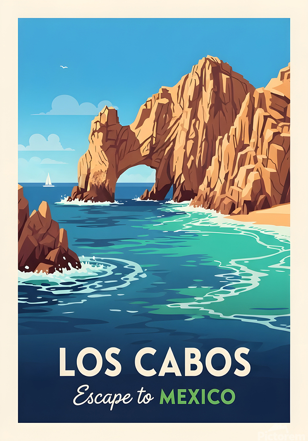 Los cabos mexico arch rock formation and sailboat on turquoise water by ...