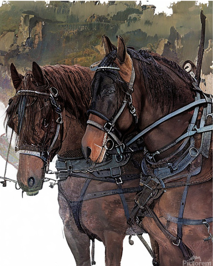 two horses with harness by Jennifer Crawford Wall Art