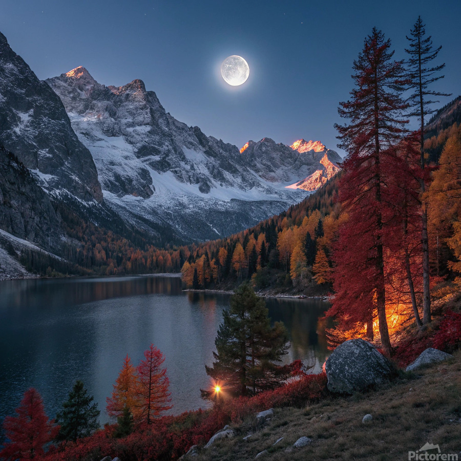 Autumn Moonlit Lake by EsterJasmineDesign Wall Art