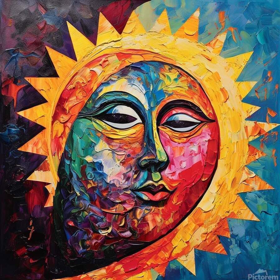 sun with a face on its face and a blue background by waleedg Wall Art