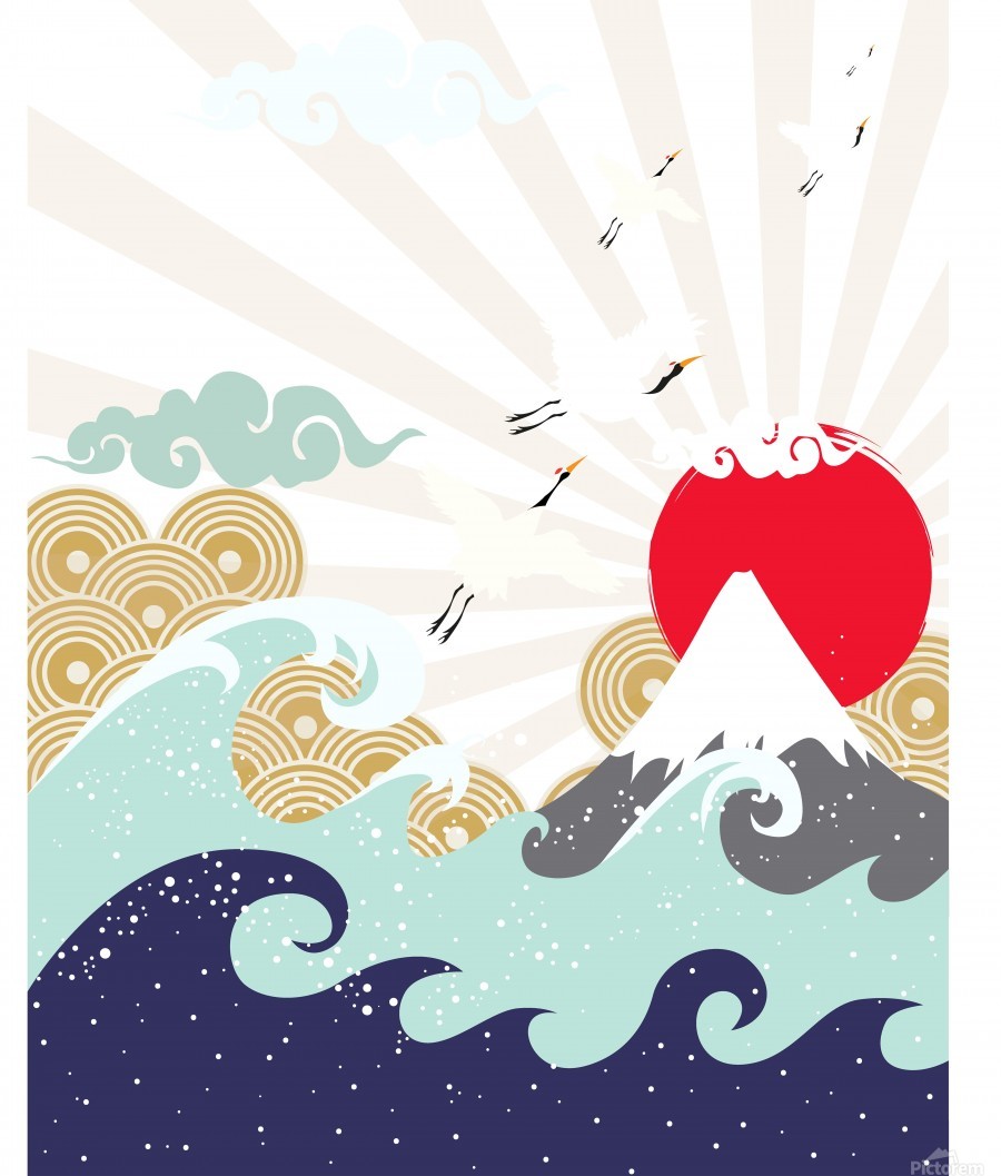mountain sun japanese illustration by Shamudy Wall Art