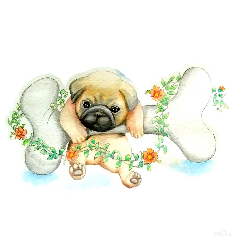pug watercolor cute animal dog by Shamudy Wall Art