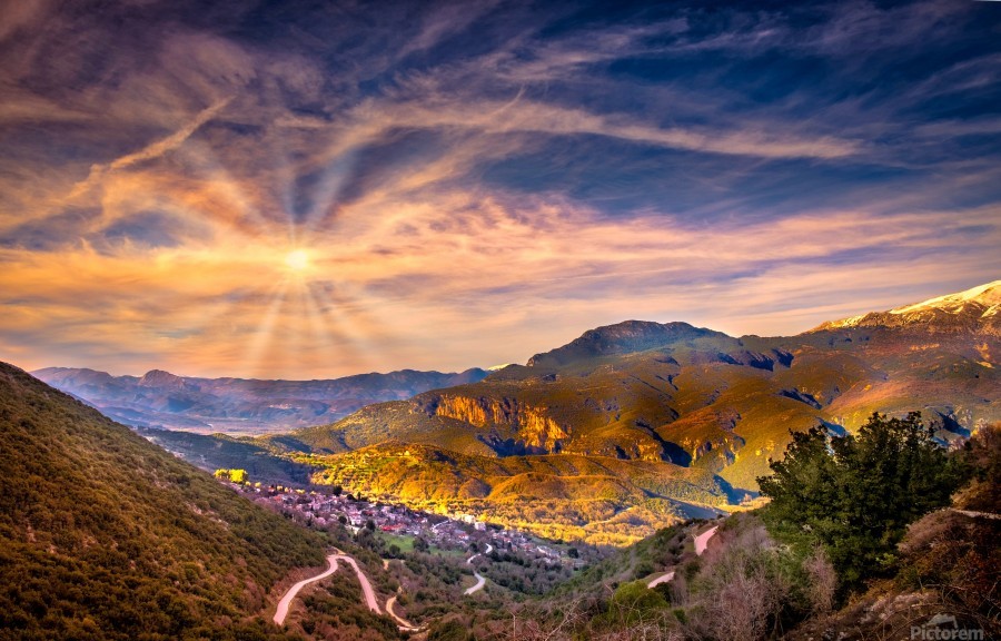 village, hills, greece, sky, sun, clouds, nature, panoramic, landscape ...