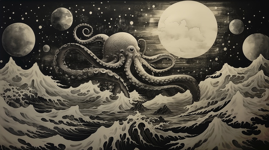 Lord Octopus in Angry Sea by Dan Canopy Wall Art
