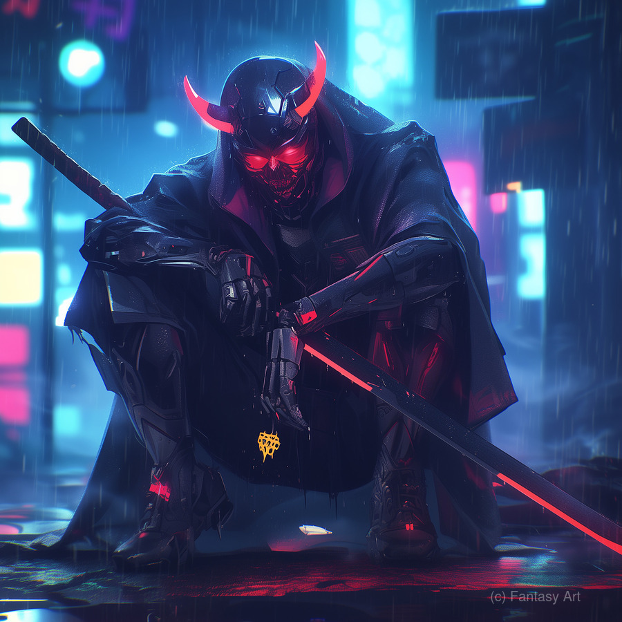 Demon Cyberpunk Samurai by Fantasy Art Wall Art