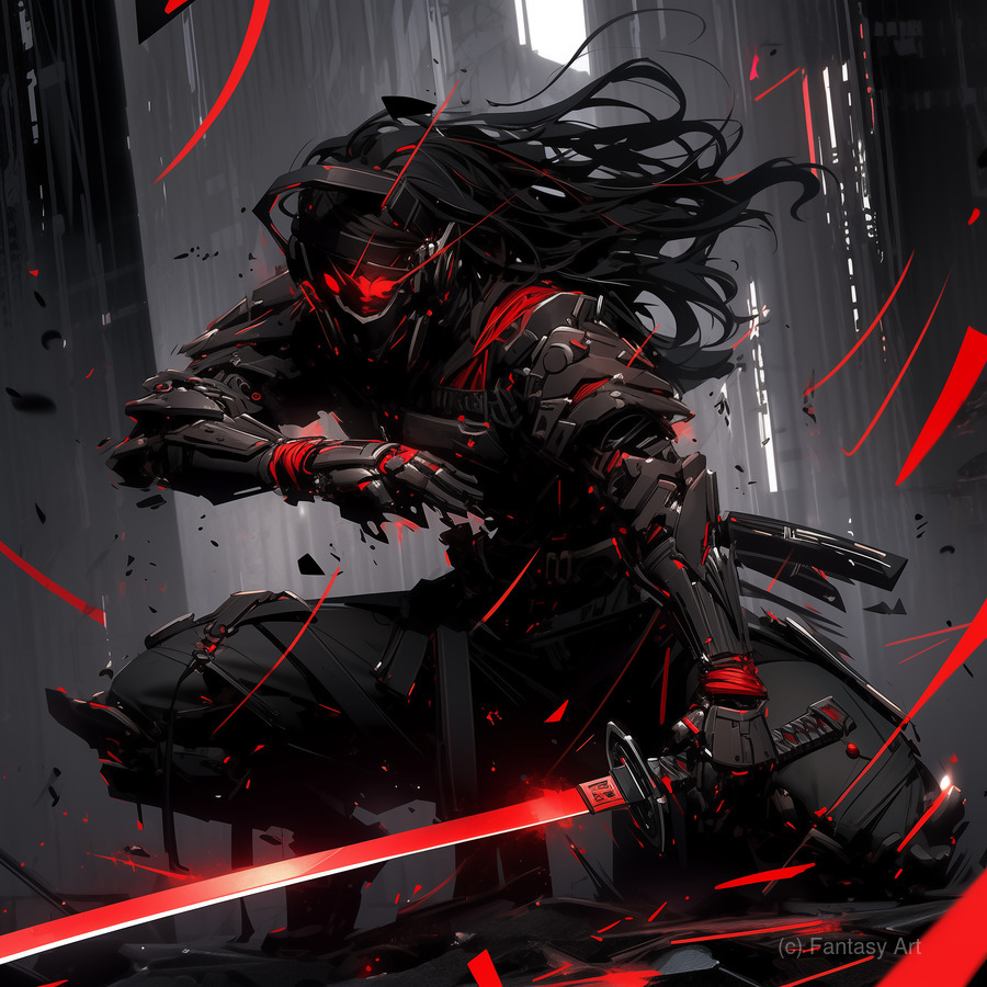 Red Cyberpunk Swordsman by Fantasy Art Wall Art