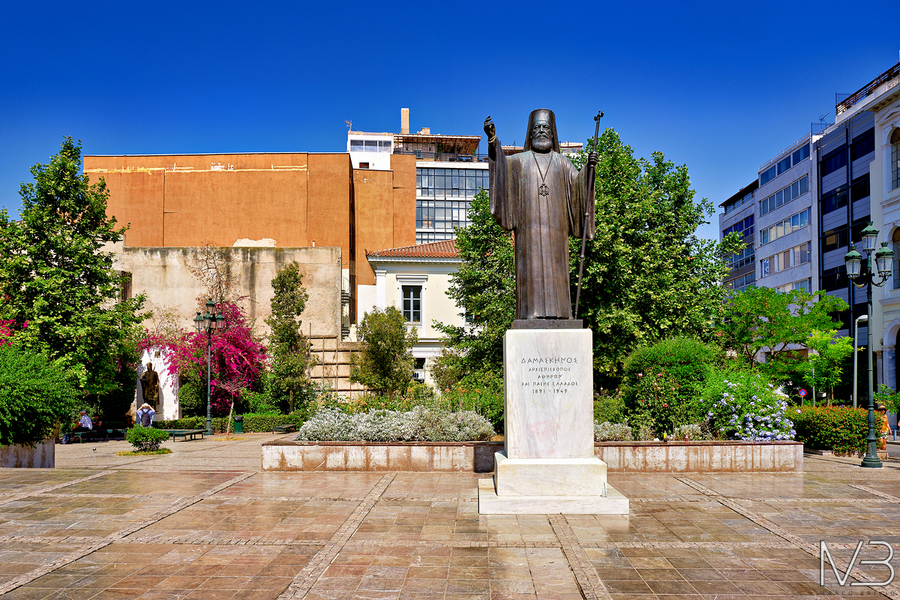 Athens Greece. The Statue of Constantine XI Palaiologos at the square ...