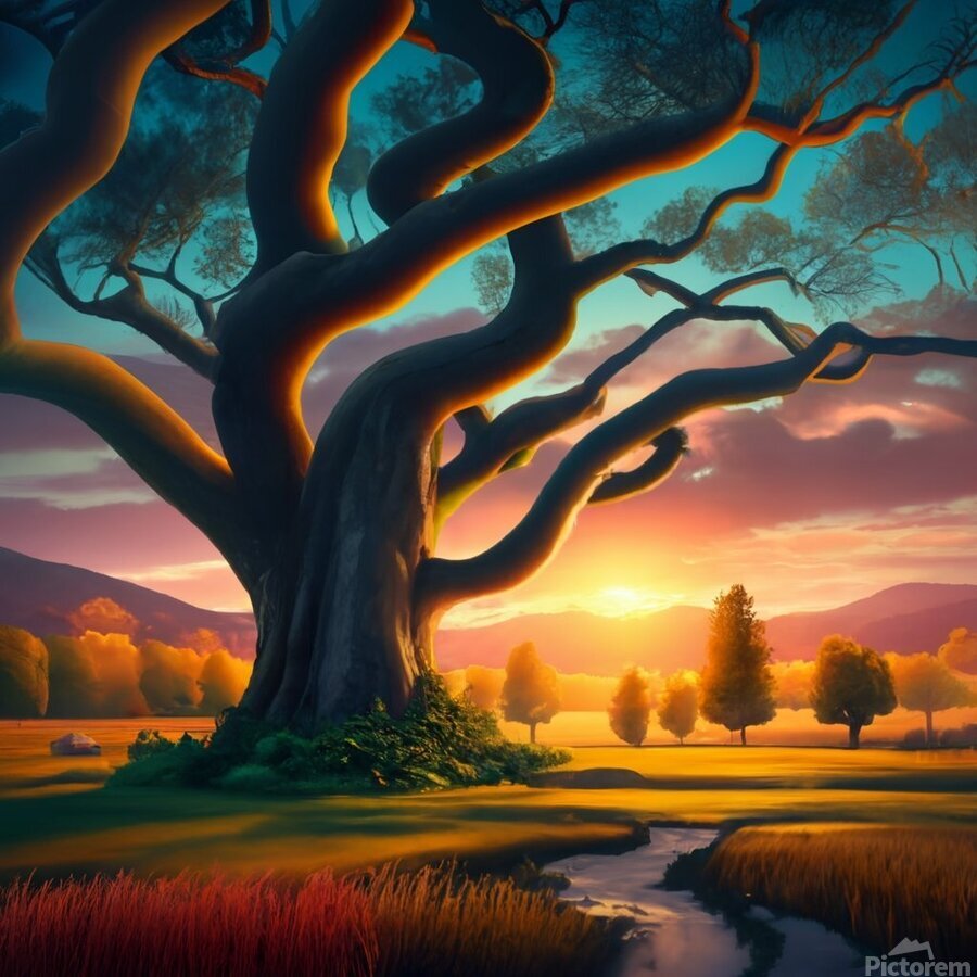 Sunset Nature Landscape With Big Tree Backg by Billya Wall Art