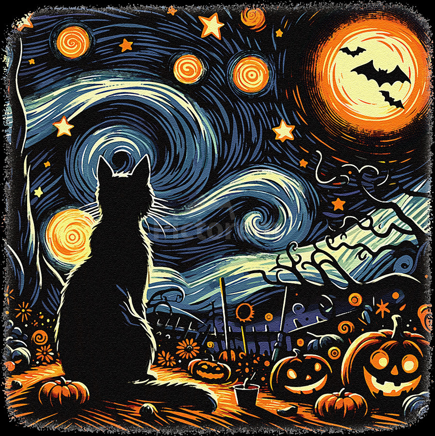 Halloween Van Gogh Starry Night Black Cat Pumpkin by masterp Wall Art