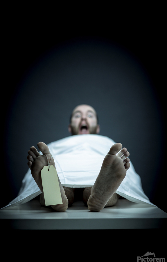 man wakes up on morgue table by Gualtiero Boffi Wall Art